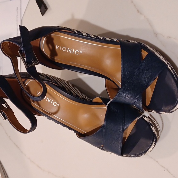 Vionic | Shoes | Vionic Marina Navy Leather Wedge Heeled Sandal New Sz ...